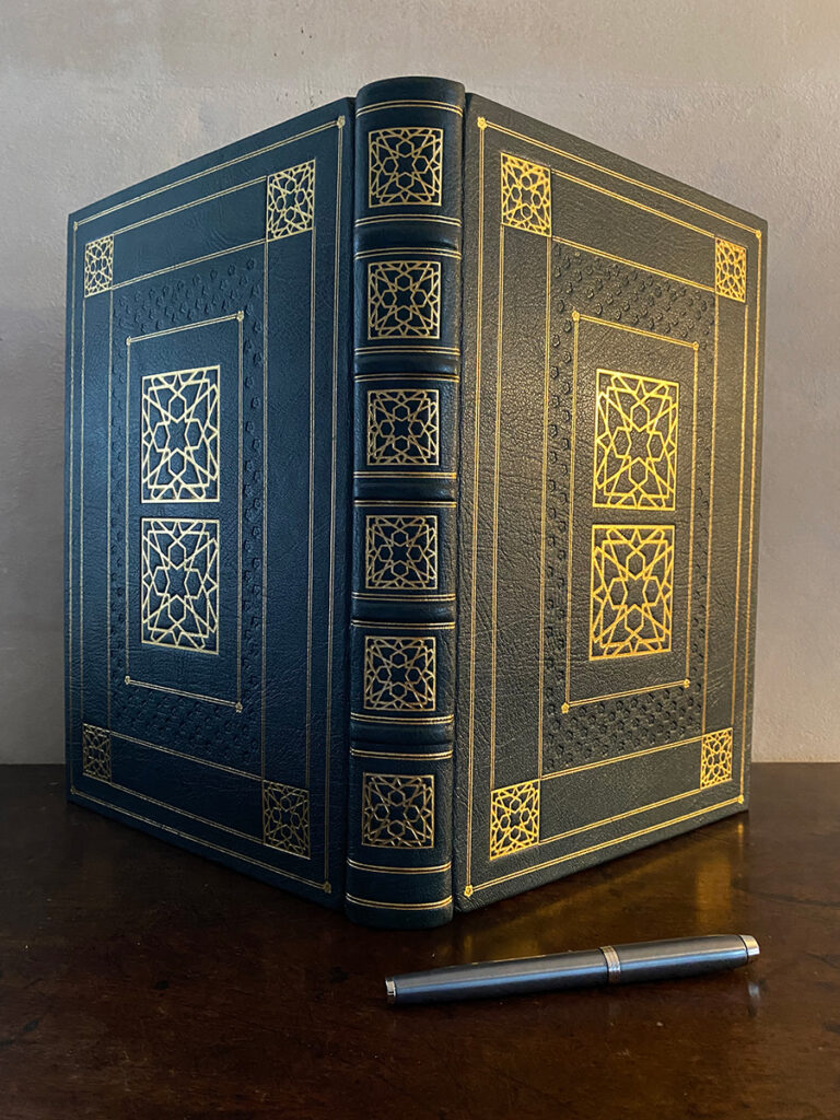 Large green leather journal / writing book with decorative gold tooling ...